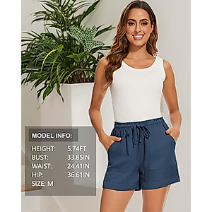 SMENG cotton beach hot pants for women lounge running shorts with phone pocket for women summer elastic waistband loose comfy womens linen shorts elastic waist blue x-large