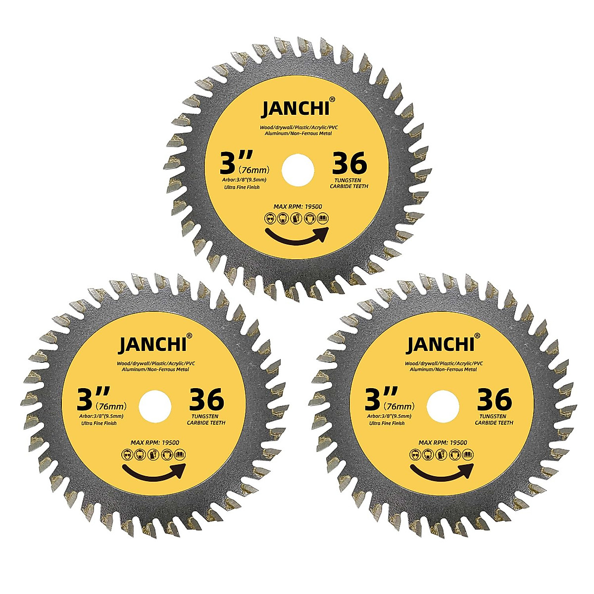 3PACK 3-Inch(75mm) 36T TCT Circular Saw Blade with 3/8-Inch(9.5mm) Arbor, Fast Clean Wood Plastic Cutting Cut-Off Wheel Compatible with Bosch Ridgid Ryobi Milwaukee Dewalt Worx Cut-Off Saw