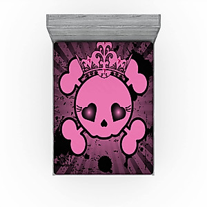 Ambesonne Skull Fitted Sheet, Illustration Crown Dark Grunge Style Teen Spooky Halloween October Fall Print, Soft Decorative Fabric Bedding All-Round Elastic Pocket, Queen Size, Black Pink
