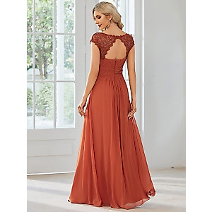 Ever-Pretty Women's Cap Sleeve Ruched Lace A Line Round Neck Chiffon Formal Dresses Evening Gowns Burnt Orange US14