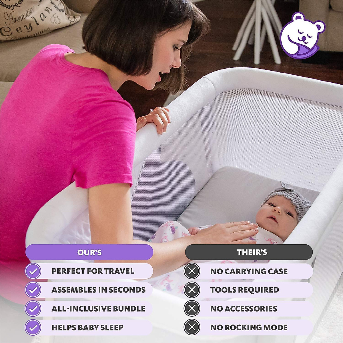 ComfyBumpy Travel Bassinet for Baby - Rocking & Sturdy Cradle - Includes Carry Case, Mosquito Net, Mattress, Sheets, Infant Crib, and Urine Pad - Portable Bed Side Sleeper for Newborn Babies