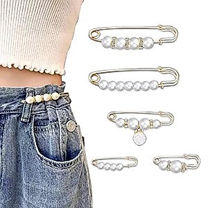 Sonloka Pearl Brooch Pins for Women Fashion, Crafts, Sweater Shawl Clip Double Gold Waist Pants Extender Safety Pins,5 Pcs (White)