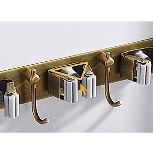 Fiunkes Mop Broom Holder Wall Mount Garden Tool Organizer, Brass Heavy Duty Tool Hanger with 3 Racks 4 Hooks for Kitchen Bathroom Closet Garage Office Laundry