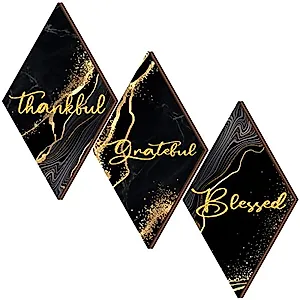 3 Pcs Marble Style Bathroom Wall Decor Thankful Grateful Blessed Wall Decor Black and Gold Farmhouse Rustic Art Wall Decor Wooden Bathroom Hanging Signs for Home Laundry Spa Room,11.8 x 6.7 Inches