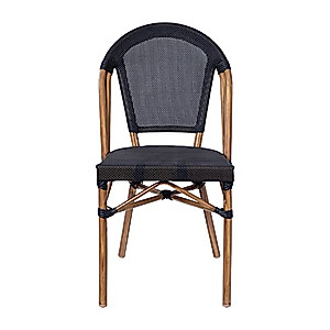 Flash Furniture Marseille 2 Pack Indoor/Outdoor Commercial Bistro Stack Chairs - Black Textilene Back and Seat - Natural Bamboo Print Aluminum Frame