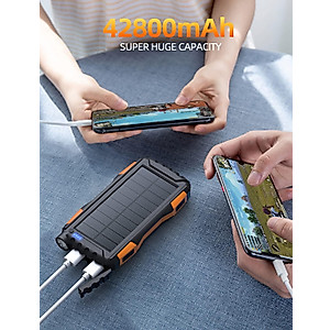 Power-Bank-Solar-Charger - 42800mAh Portable Charger,Solar Power Bank,External Battery Pack 5V3.1A Qc 3.0 Fast Charger Built-in Super Bright Flashlight (Orange)