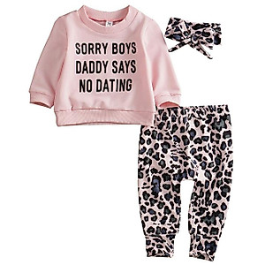 MIEKISA Baby Girls Newborn 3PCS Top T Shirt Pants Headband Infant Clothing Sets (0-6 Months, Pink)