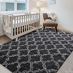 Hutha 4x6 Shag Large Area Rugs for Living Room, Dark Grey Modern Super Soft Bedroom Carpet, Moroccan Luxury Geometric Plush Fluffy Rug for Kids Nursery Girls Room Indoor Home Decor
