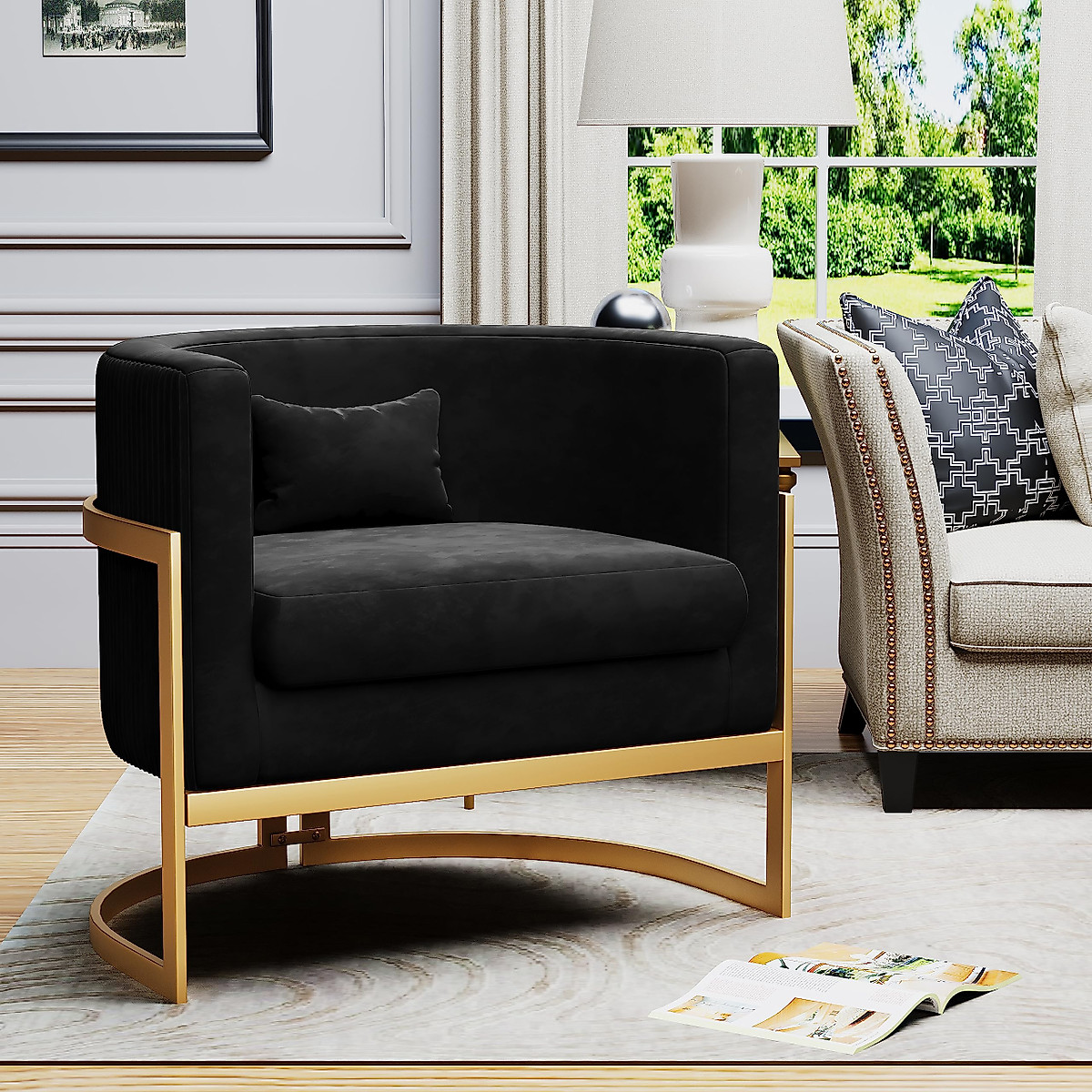 Apeaka Velvet Accent Chair Gold Modern Barrel Chair Upholstered Arm Chairs for Bedroom Living Room Sofa Chair Club Chairs Black