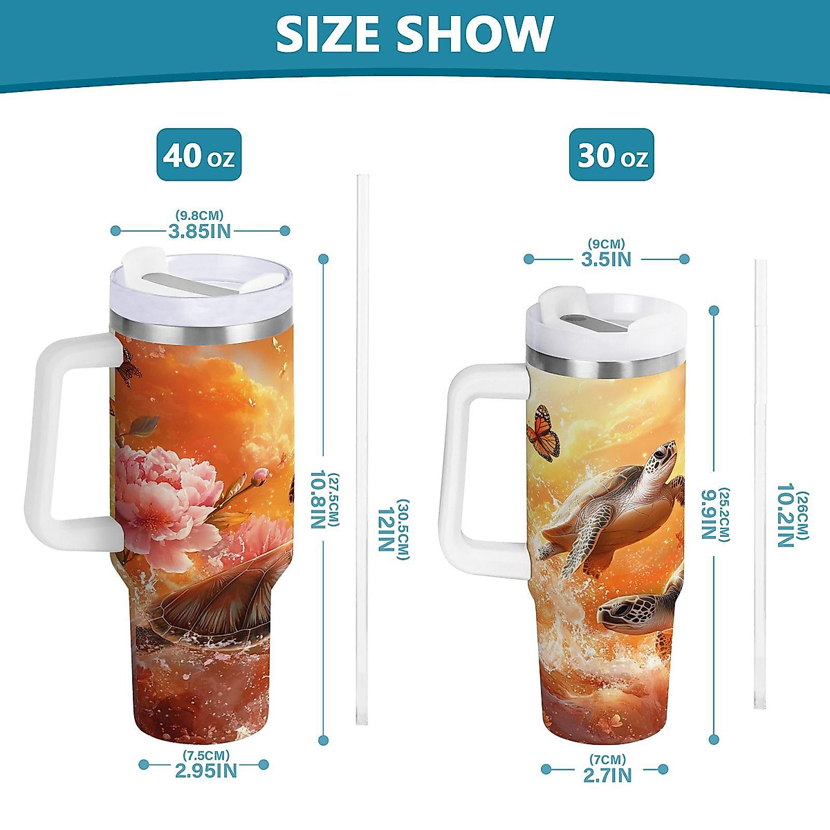 Slewiaeky Tumbler with Handle 40 oz Funny Ocean Turtle Travel Mug with Lid and Straw Butterfly Stainless Steel Vacuum Insulated Water Bottle Cup for Iced Tea Coffee Cold Beverages Cup Holder Friendly