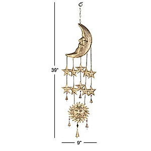 Deco 79 Metal Sun and Moon Windchime with Glass Beads and Cone Bells, 9" x 1" x 39", Gold