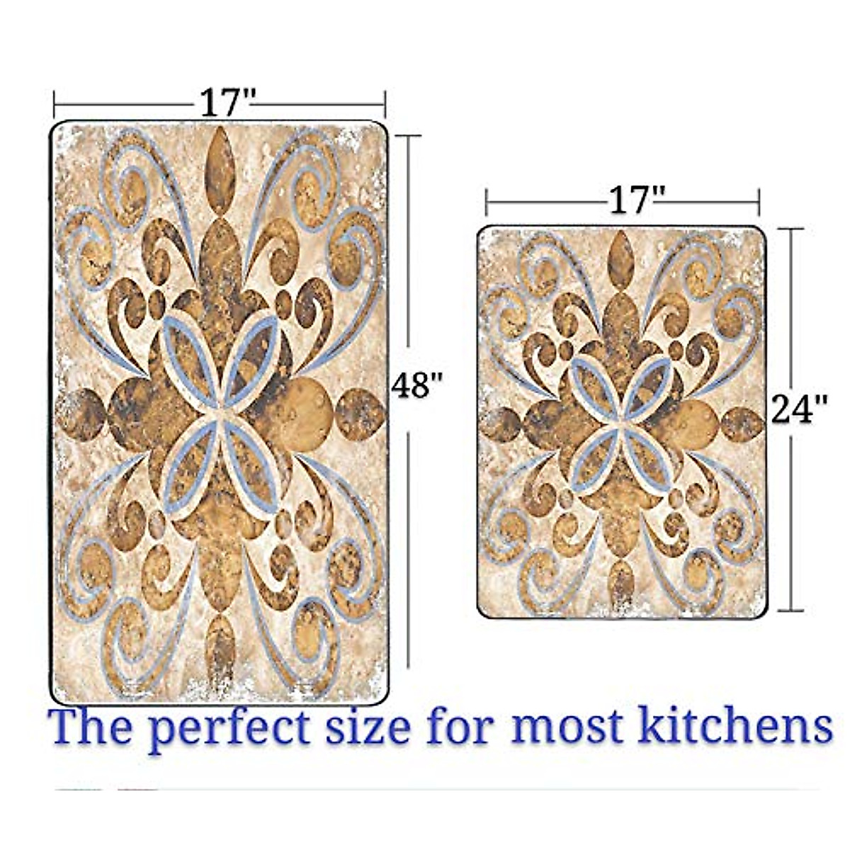 Jesmacti Kitchen Rugs and Mats Rug for Kitchen Sink Area Vintage Italian Tile Pattern Brown Kitchen Rug (17X48+17X24 Inches) Boho Kitchen Rug