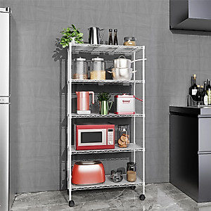 Dolonm 5 Tier Wire Shelving Unit, 750 LBS NSF Storage Shelf, 14"D x 30"W x 60"H, Kitchen Shelf with Liners, Garage Storage Shelves with Wheels, Heavy Duty Metal Pantry Racks, Adjustable Shelf, White