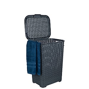 Laundry Hamper Basket With Lid 60 Liter - Deluxe Wicker Style Grey Color - 1.70 Bushel Bin With Cutout Handles To Storage Dirty Cloths in Washroom Bathroom, Or Bedroom. By Superio