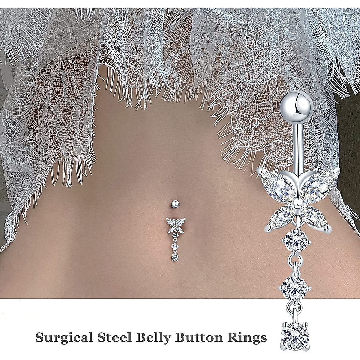 Incaton 14G Belly Button Rings Butterfly Heart Diamond, Stainless Steel Dangle Belly Rings For Women, 6mm Short Bar/ 10mm Hypoallergenic Navel Piercings Silver 6mm