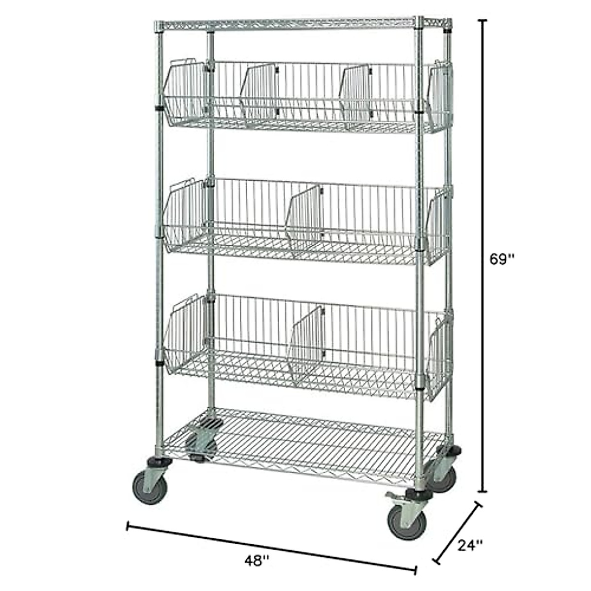 Quantum Storage Systems M2448BC6C 5-Tier Mobile Wire Basket Unit with 3 Baskets, Chrome Finish, 24" Width x 48" Length x 69" Height