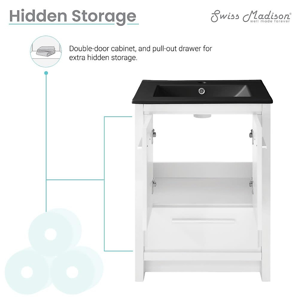 Swiss Madison Virage 24" Freestanding, Bathroom Glossy White Bath Vanity