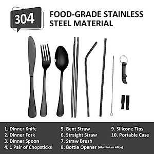 Portable Travel Silverware Set with Case, Reusable Camping Eating Utensils Set, Stainless Steel Cutlery Set for 1, Knife Fork Spoon Chopsticks (9 pieces black)
