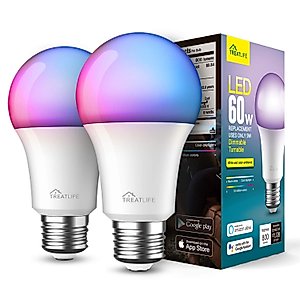 TREATLIFE Smart Light Bulbs 2 Pack, Music Sync Color Changing Light Bulbs, Works with Alexa, Google Assistant, A19 E26 9W 800 Lumen LED Dimmable Smart Bulb, for Party Decoration, Smart Home Lighting