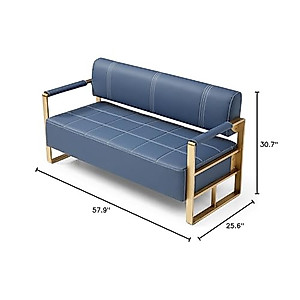 BIAYE Set 57.9" Width Modern Upholstery Faux Bonded Leather Loveseat Living Room Accent Love Seats for Small Spaces 2 Seater Couch Sofa Studio Furniture with Golden Metal Arms,Blue