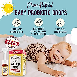 Mama Natural Baby Probiotic Drops (0.28 Fl Oz) | 4 Billion CFU Pediatrician-Tested Infant Probiotic Helps with Colic Relief for Newborns & Constipation Ease for Infants - Unflavored Baby Gas Drops