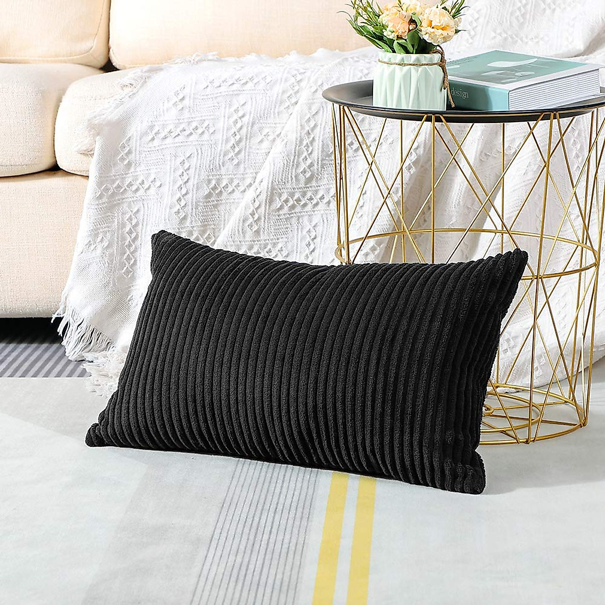 Artscope Cozy Striped Corduroy Pillow Covers Super Soft Decorative Oblong Throw Pillow Covers Case Cushion Covers for Sofa Couch Bedroom Car Decor 12 x 20 Inches, Black