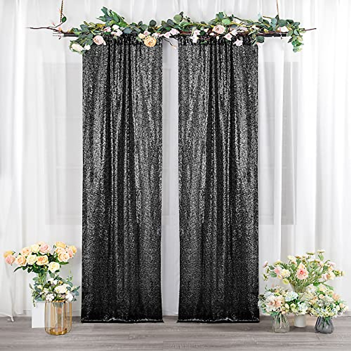 BEDDEB Black Sequin Backdrop Curtain, 2PCS 2FTx8FT Glitter Backdrop Curtain for Christmas, Birthday, Wedding, Party Decoration