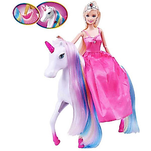 White Unicorn with Magic Light Horn and Fairy Tale Princess Doll 11.5“, W/Comb and Crystal Crown, Girls' Unicorn Doll Toys Gifts, Presents for Girl Kids Aged 3+