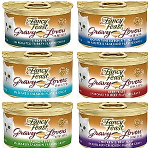 Fancy Feast Gravy Lovers Bundle, 4 Turkey, 4 Ocean Whitefish, 4 Salmon & Sole, 4 Beef, 4 Salmon Feast in seared Salmon, & 4 Chicken & Beef. Each can is Total of 24 cans., 3 Ounce,3 Ounce (Pack of 24)