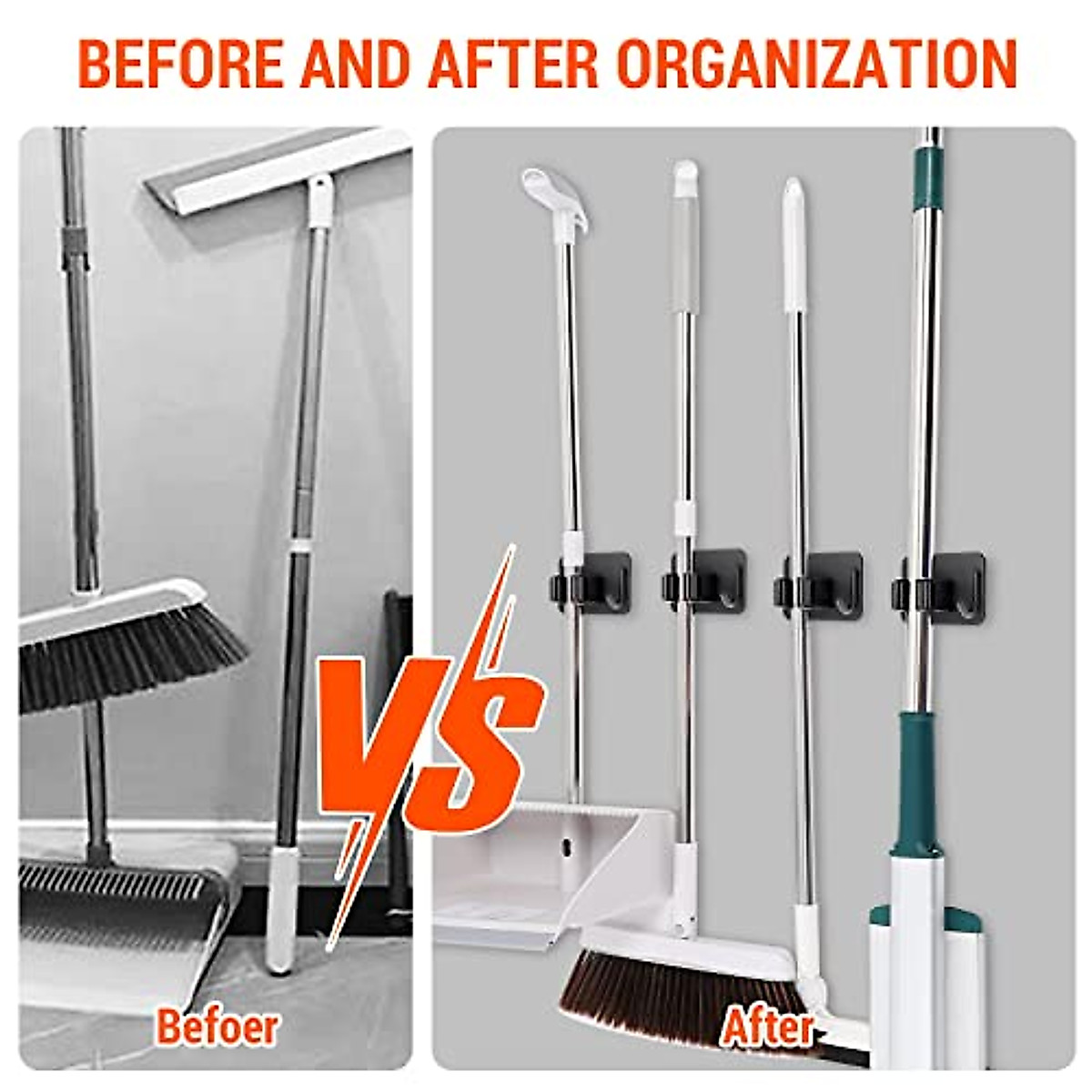 Batur Broom Holder Wall Mount, 4 Pack Super Anti-Slip Broom Holder, Mop and Broom Holder Wall Mount, Self Adhesive Broom Organizer Hanger Gripper for Bathroom, Kitchen, Laundry Room Storage, Black