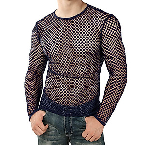 VOWUA Men's Mesh See Through Fishnet Shirts Muscle Pullover Long Sleeves Crew Neck Casual Clubwear Blouse Navy
