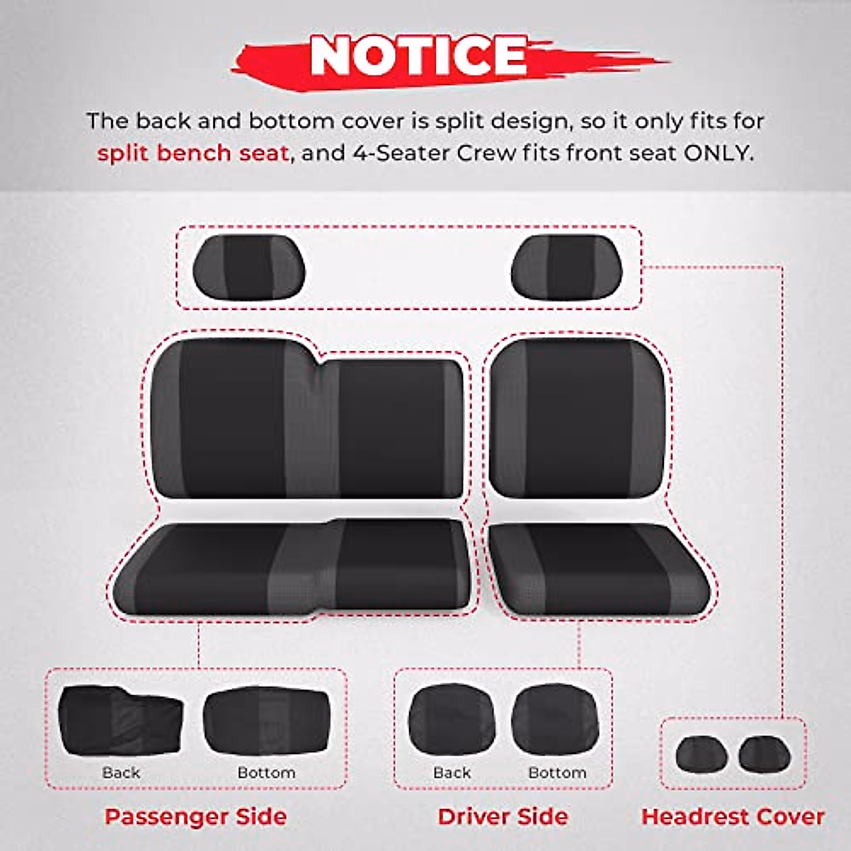 KEMIMOTO UTV Seat Covers Upgraded w/Headrest Cover Compatible with Polaris Ranger XP 1000 2017-2021 Seat Cover Set Split Bench Seat Covers Accessories (Crew Fits Front Seat Only)