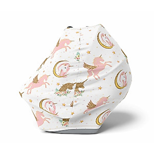 YayaTete Stretchy Multi Use Cover Unicorn Car Seat Canopy Nursing Breastfeeding Cover Up Shopping Grocery Cart High Chair Covering Baby Girl Pink and Gold Stars Nursery Decor, black, white, one size