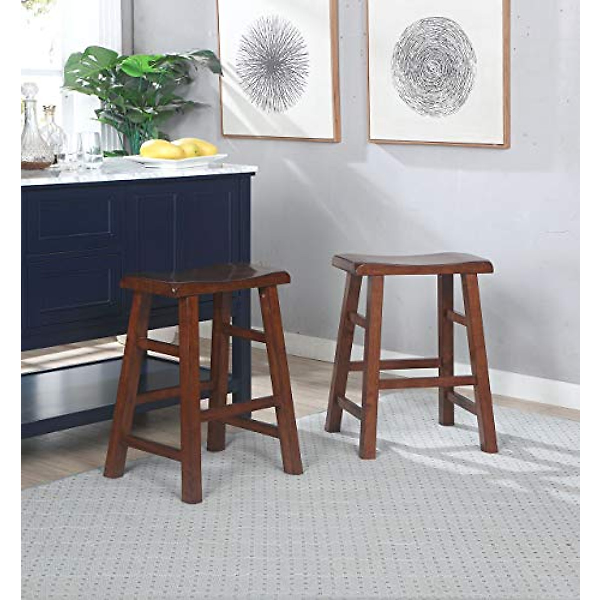 eHemco Heavy-Duty Solid Wood Saddle Seat Kitchen Counter Height Barstools, 24 Inches, Walnut, Set of 2