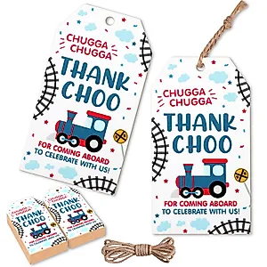 Serencatcher 50Pcs Train Thank You Tags, Thank Choo for Coming Abroad Gift Tags for Railroad Train Party Favors, Crossing Choo Choo Chugga Chugga Two Two Train Birthday Party Decorations Supplies