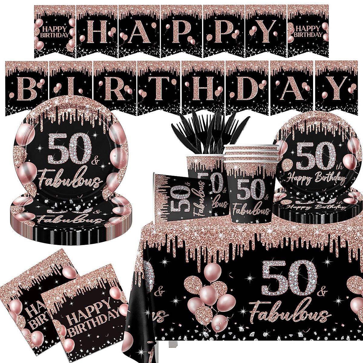 142Pcs 50th Birthday Tableware Decorations,Black Rose Gold Tableware Set 50th Birthday Plates and Napkins Cup Rose Gold Tablecloth Happy Birthday Banner for Women Birthday Disposable Supplies Serve 20