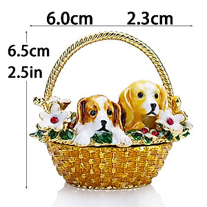 YU FENG Puppy Flower Basket Trinket Boxes Hinged Rhinestones Jeweled Painted Enameled Collectible Dog Animal Figurine Jewelry Holder Box