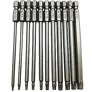 YDLQWCZ Long Torx Security Head Screwdriver Drill Set 1/4 Inch Hex Shank T6 T7 T8 T9 T10 T15 T20 T25 T27 T30 T40 11 Pieces 4 Inch Length S2 Steel Torx Screwdriver Bit Set (11pcs Torx Head 100mm)