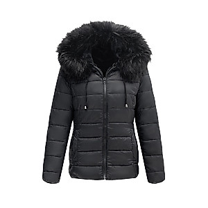 Bellivera Women Double Sided Faux Fur Jacket with Fur Collar, The Puffer Coat Worn on Both Sides 19225 Black XXL