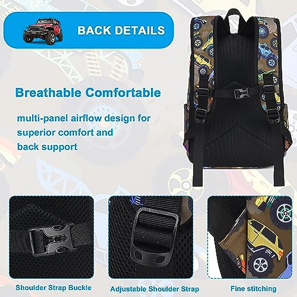 LEDAOU Kids School Backpack with Lunch Box for Boy Kindergarten BookBag School Bag Preschool Kindergarten Toddler Backpack (Off-road Vehicle Brown)