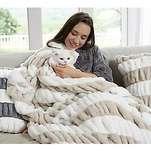Cozy Bliss Luxury Soft Fuzzy Faux Fur Throw Blanket for Couch, Warm Milky Plush Striped Blanket for Sofa, Furry Thick Fluffy Cozy Shaggy Blanket for Women Living Room Bedroom, 50 * 70 Inches Beige