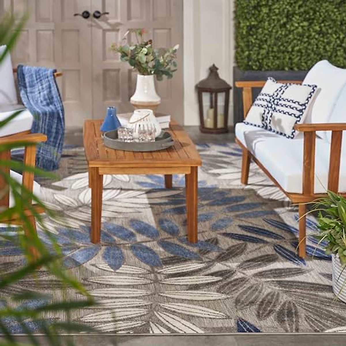 Nourison Aloha Indoor/Outdoor Grey/Blue 6' x 9' Area Rug, Easy Cleaning, Non Shedding, Bed Room, Living Room, Dining Room, Backyard, Deck, Patio (6x9)