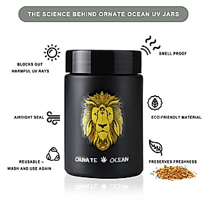 Ornate Ocean 4-Pack 250ml UV Glass Stash Jars Lion King - 4 Piece Set Multipurpose Storage Containers - Convenient Airtight Smell Free Screw Top Lid Jars Preserves and Secures Your Herbs