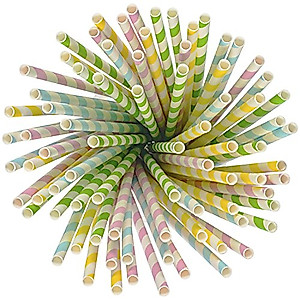 Paper Straws Biodegradable 200 Pack Striped Multi Colored BPA-Free Disposable 8.25" Long Non-Flexible Straw for Everyday/Birthday Party/Easter/Baby Shower/Wedding - By DuraHome