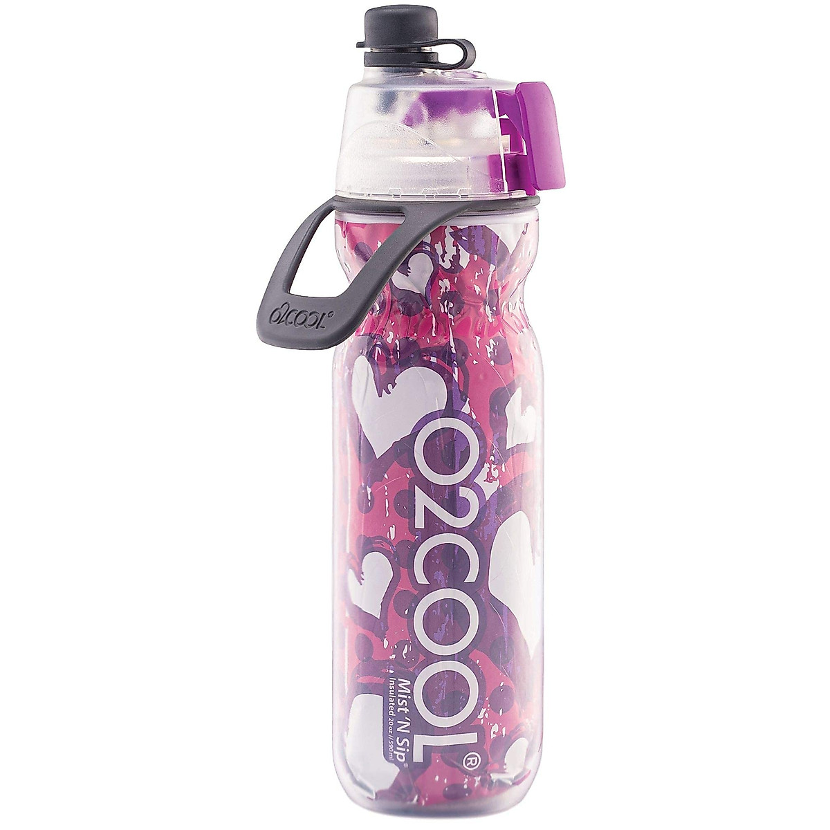 O2COOL Mist 'N Sip Misting Water Bottle 2-in-1 Mist And Sip Function With No Leak Pull Top Spout (Hearts)