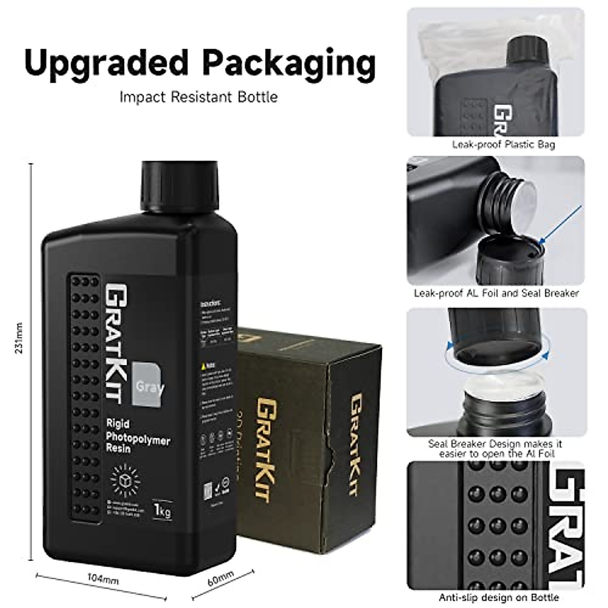 GratKit 8K Rigid Resin, 3D Printer 405nm UV-Curing Photopolymer Resin, High Precision Low Odor 3D Printing Resin - 1000g，Gray