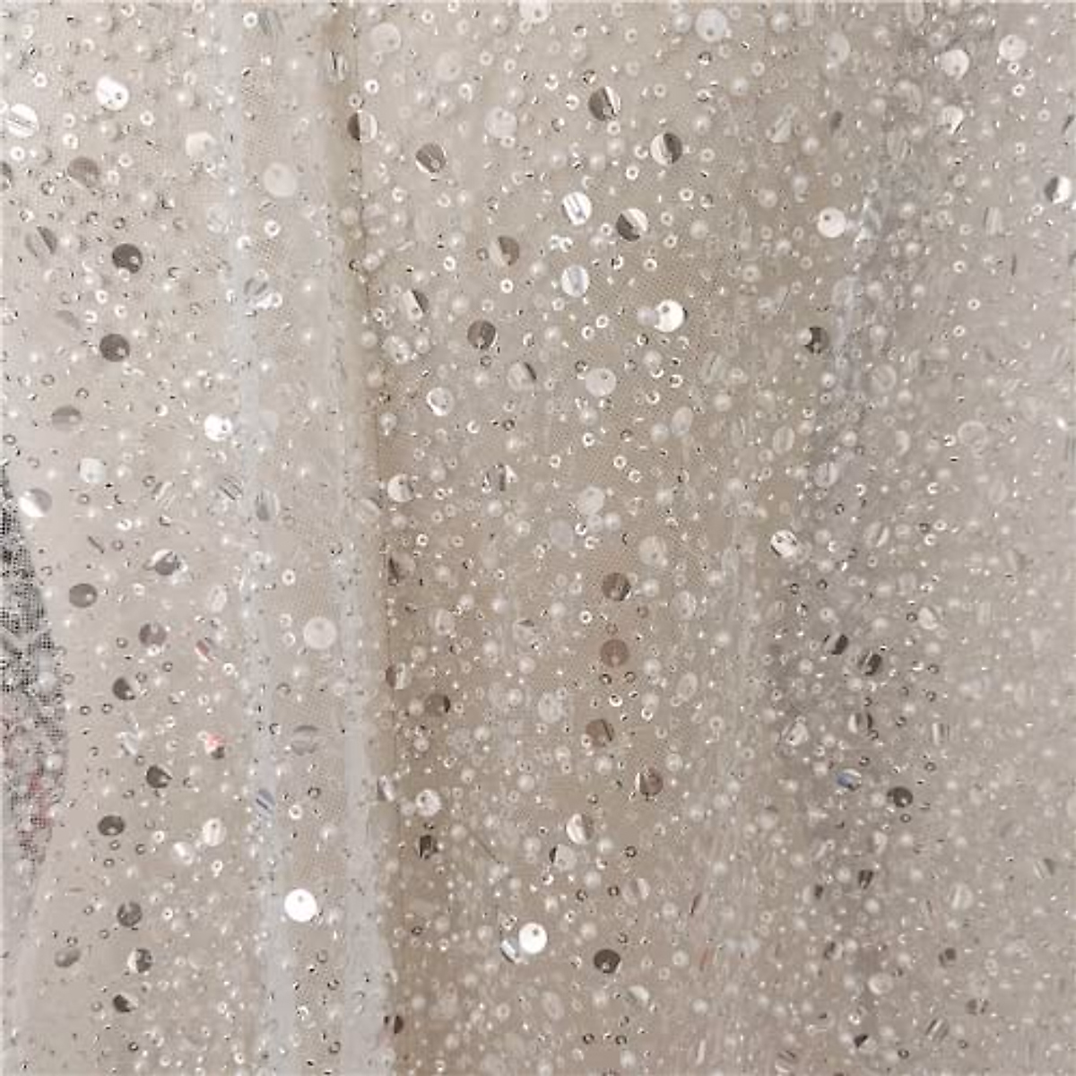 51" Wide Exquisite Heavily Pearl Beaded Soft Tulle Wedding Lace Fabric Clear French Sequined Lace Fabrics for Wedding Dress Bridal Veil DIY Home Decoration (3 Yard, White 2)