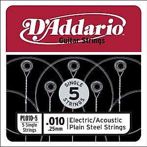 D'Addario PL010-5 Plain Steel Guitar Single String, 010 5-pack
