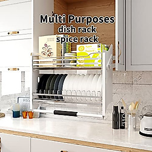 WHIFEA 2 Tier Pull-Out Cabinet Organizer Drop Down Shelf Blind Pull-Down Dish and Spice Rack System Inner Space Saving Plate for Kitchen Appliance Lift Upper Cabinet (for Cabinet Width ≥24'')