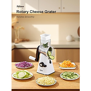 Yabano Rotary Cheese Grater Cheese Shredder with Handle, Vegetable Slicer for Kitchen, 3 Replaceable Stainless Steel Drum Blades, Easy To Use & Clean, Manual Nuts Grinder with Cleaning Brush, White